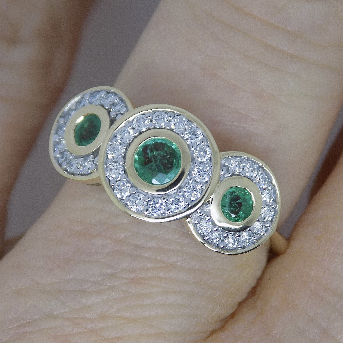 9ct Yellow Gold Rubover 3 Emerald Diamond Halo Engagement Ring 0.25ct ...