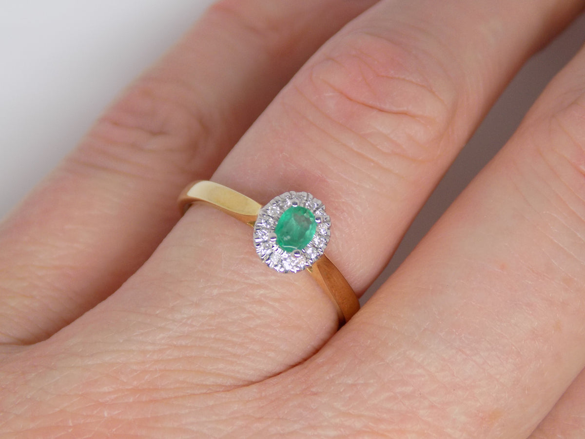 9ct Yellow Gold Oval Cut Emerald Diamond Halo Engagement Ring SKU 5406 ...