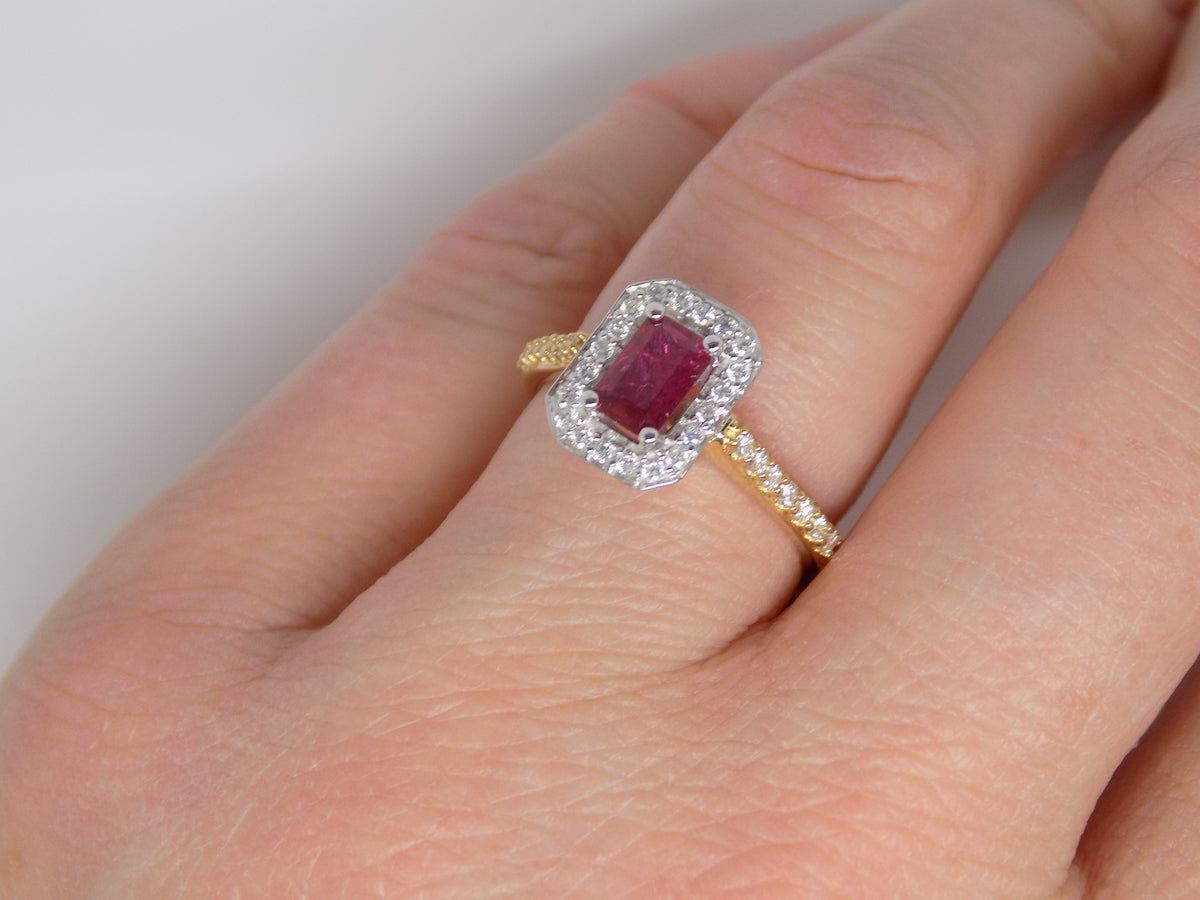 9ct Yellow Gold Rectangular Ruby Diamond Halo Diamond Shoulders Engage ...